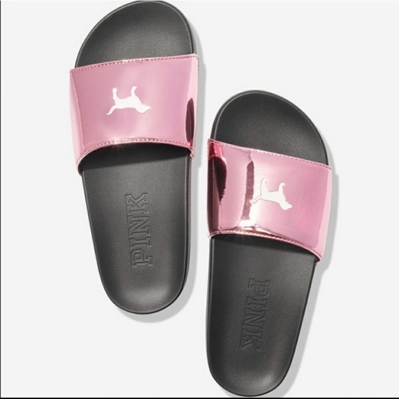 PINK Victoria's Secret | Shoes | Rare Pink Shiny Pink Metallic Slides ...